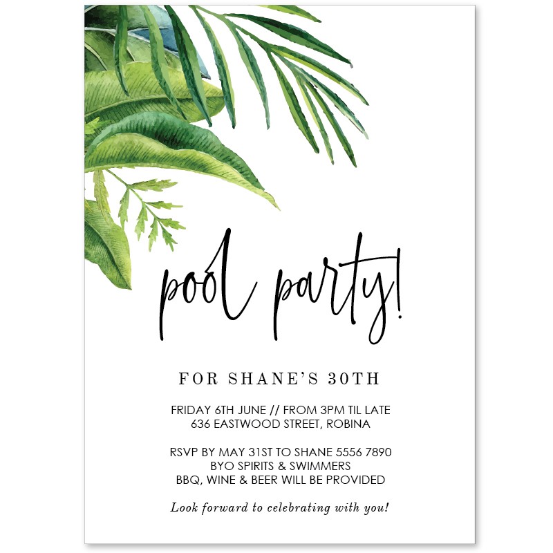 Simple Tropical Pool Party Birthday Invitations
